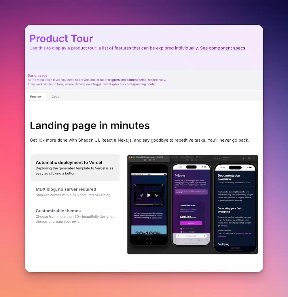 Landing Page Product Tour Component | Landing page components ...